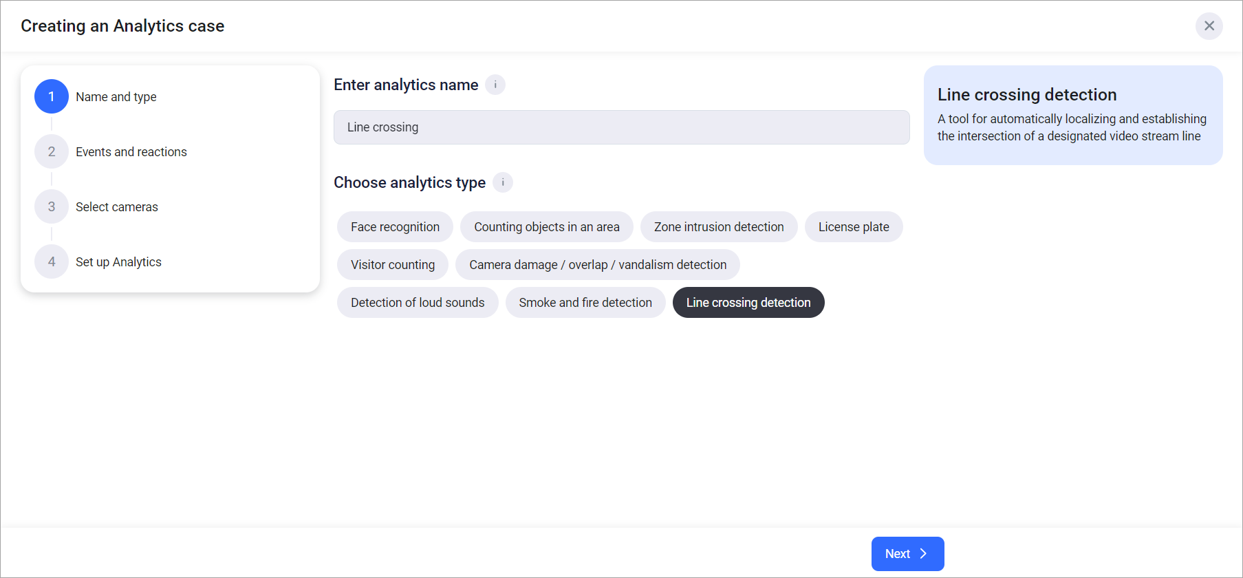 The Line crossing detection analytics type